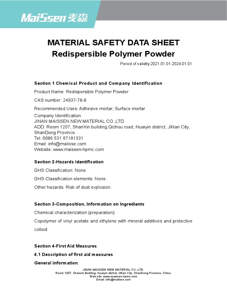 MSDS-Redispersible Polymer Powder | PDF | Firefighting | Toxicity