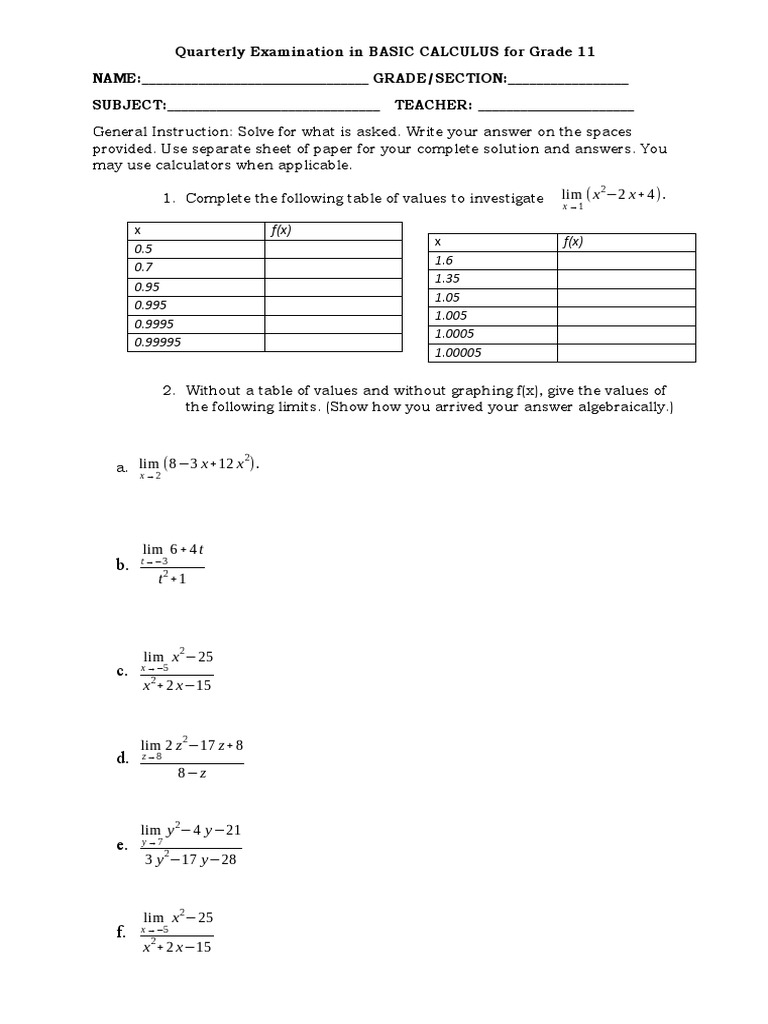 Third Quarter Examination in BASIC CALCULUS for Grade 11 | PDF