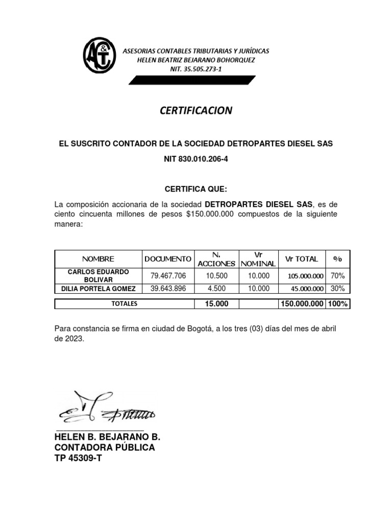 Certificado Composicion Accionaria 03042023 | PDF Certificado Composicion Accionaria 03042023 | PDF