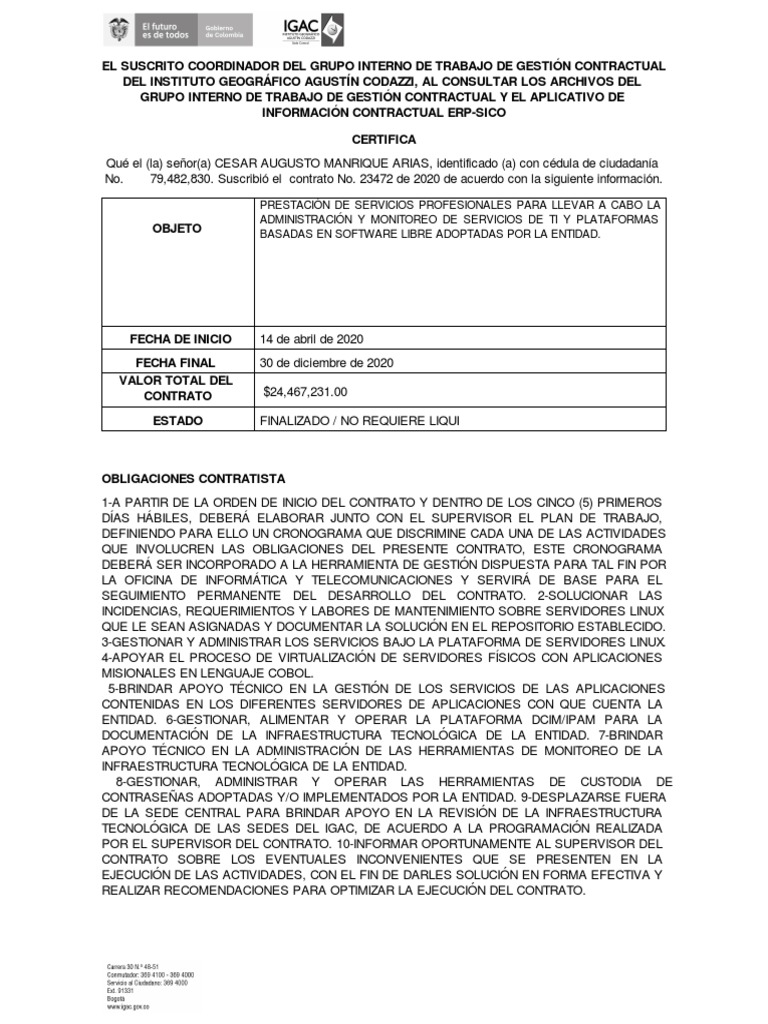 Cesar Manrique - Certificacion Laboral IGAC - Contrato-23472-2020 | PDF ...