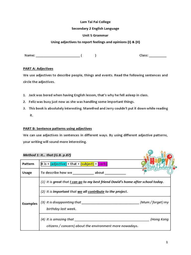 U5_Adjective Patterns Notes | PDF | Adjective | Verb
