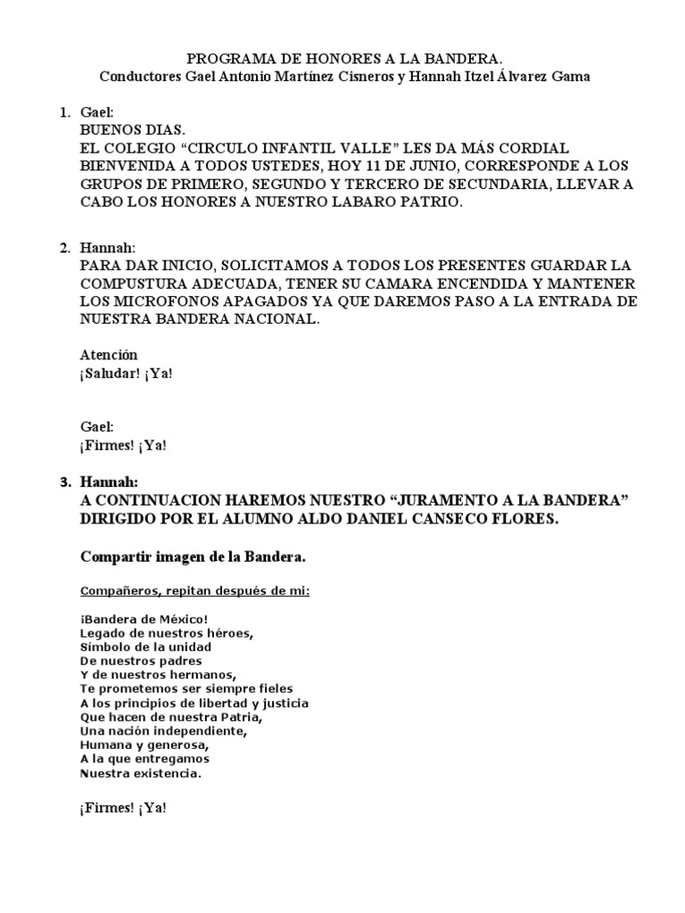 Programa Honores A La Bandera 11 Junio 2021 | PDF