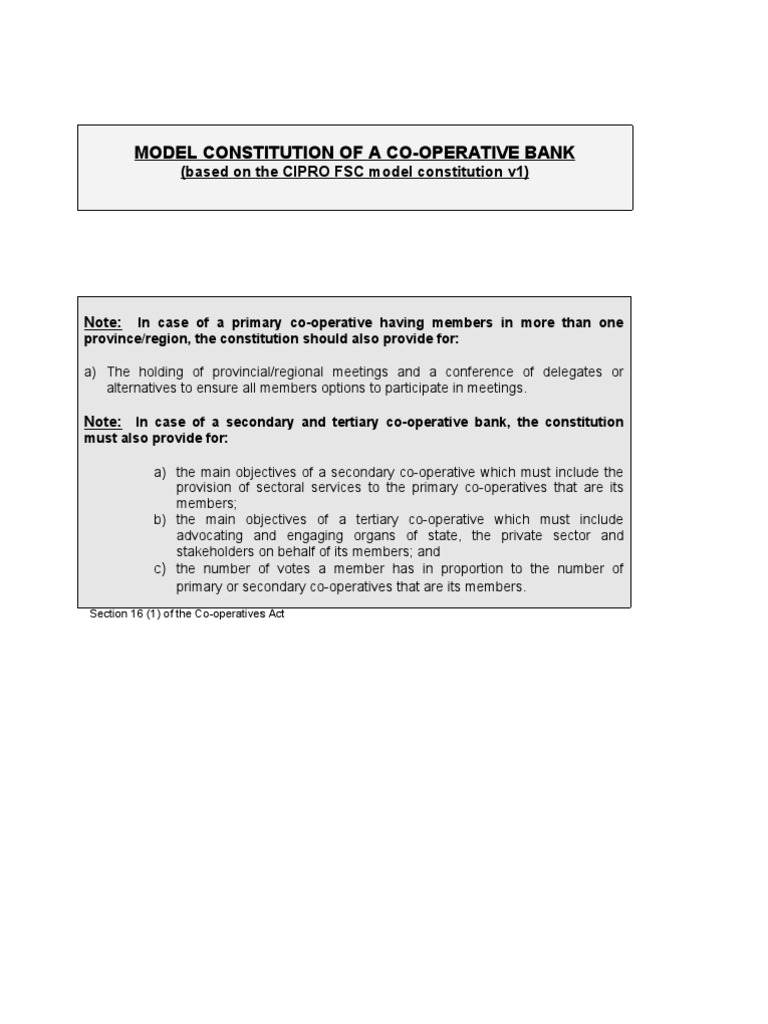 Model Constitution of A Co-Operative Bank: (Based On The CIPRO FSC ...