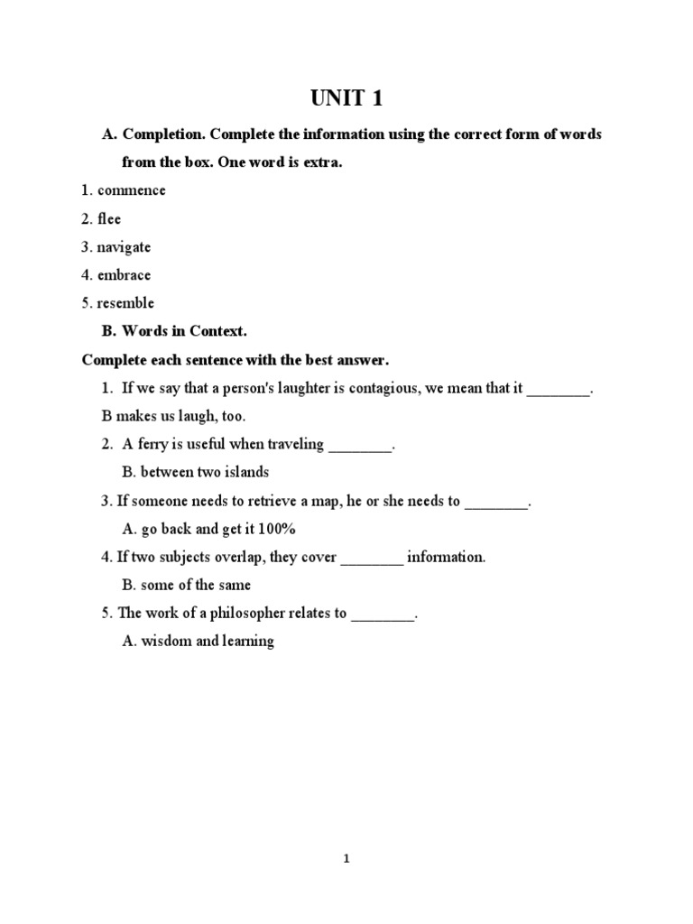 Unit 1: A. Completion. Complete The Information Using The Correct Form ...