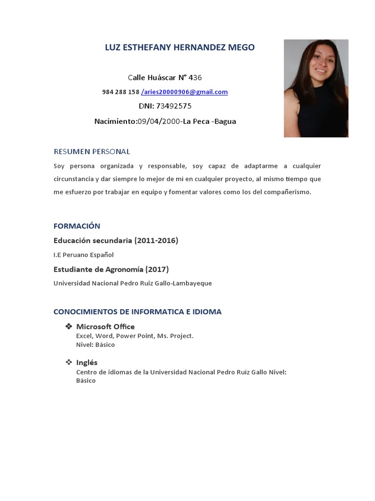 Luz Esthefany Hernandez Mego: Calle Huáscar #436 DNI: 73492575 ...