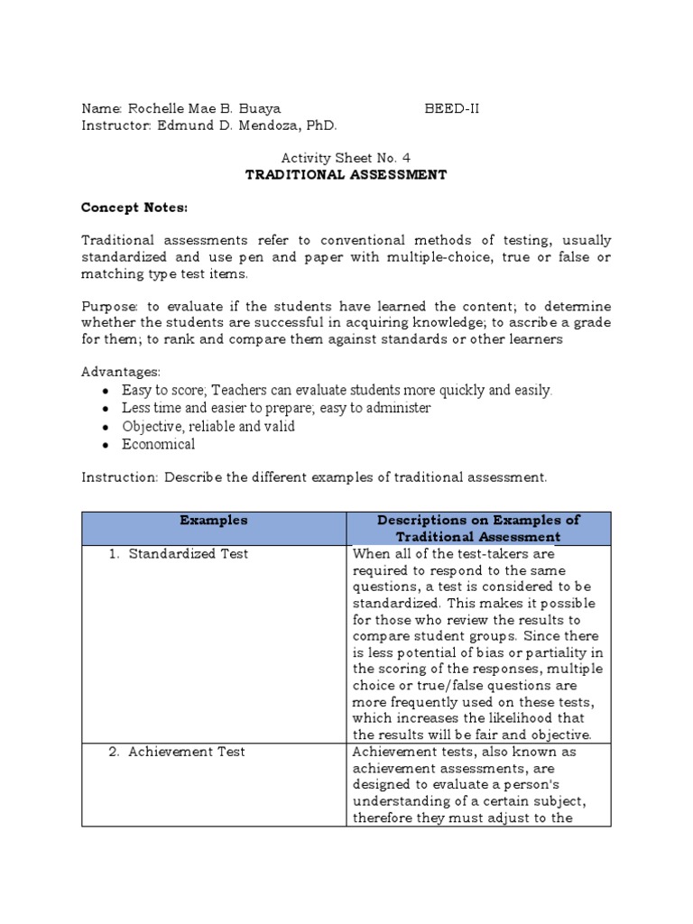 Activity 4 Traditional Assessment - RMB | PDF | Educational Assessment ...