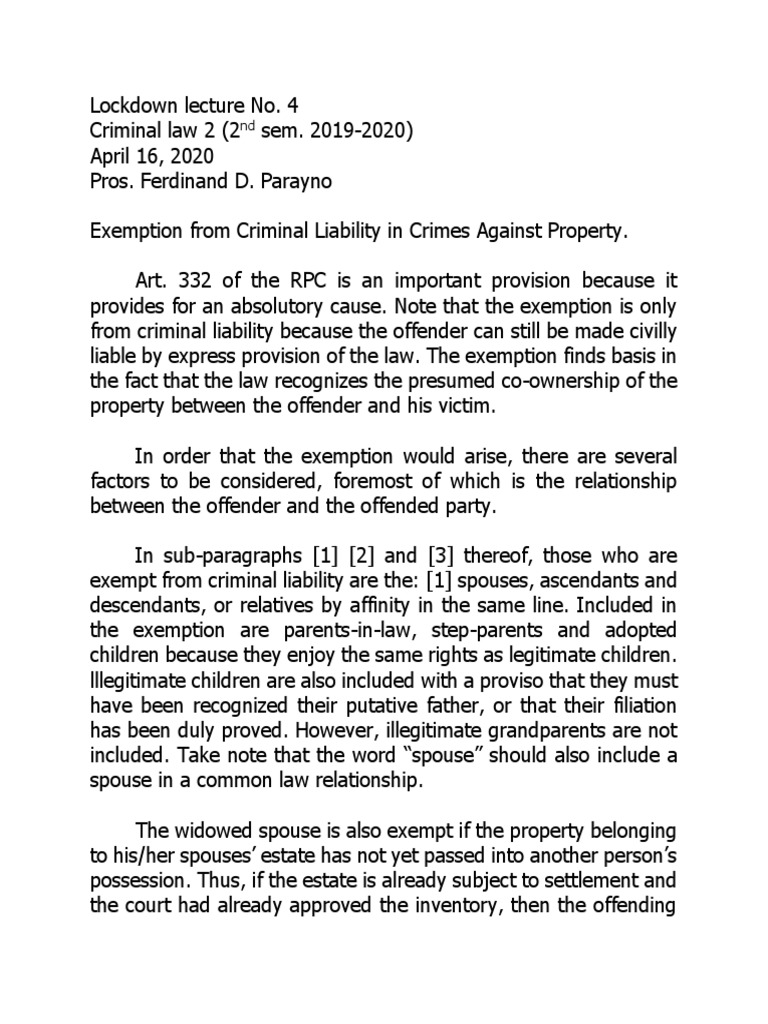 Exemption from Criminal Liability in Crimes Against Property | PDF ...