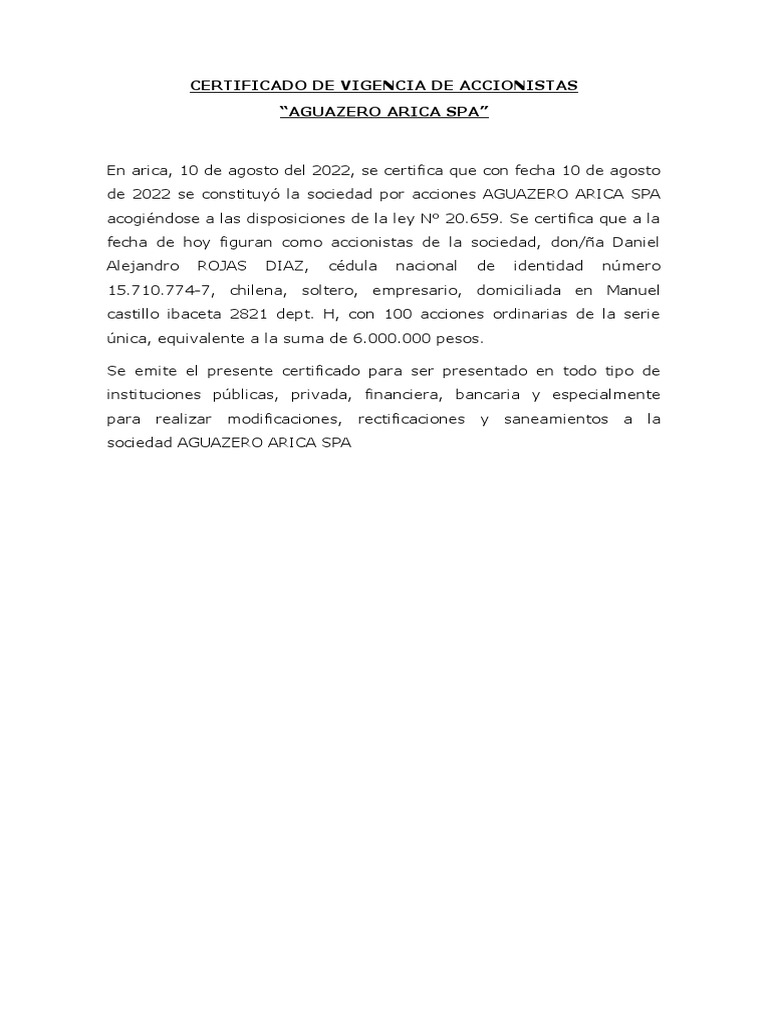 Certificado de Vigencia Aguazero Arica SPA | PDF | Derecho