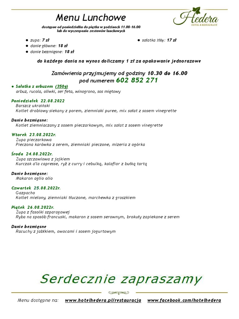 Hedera Menu Lunchowe | PDF