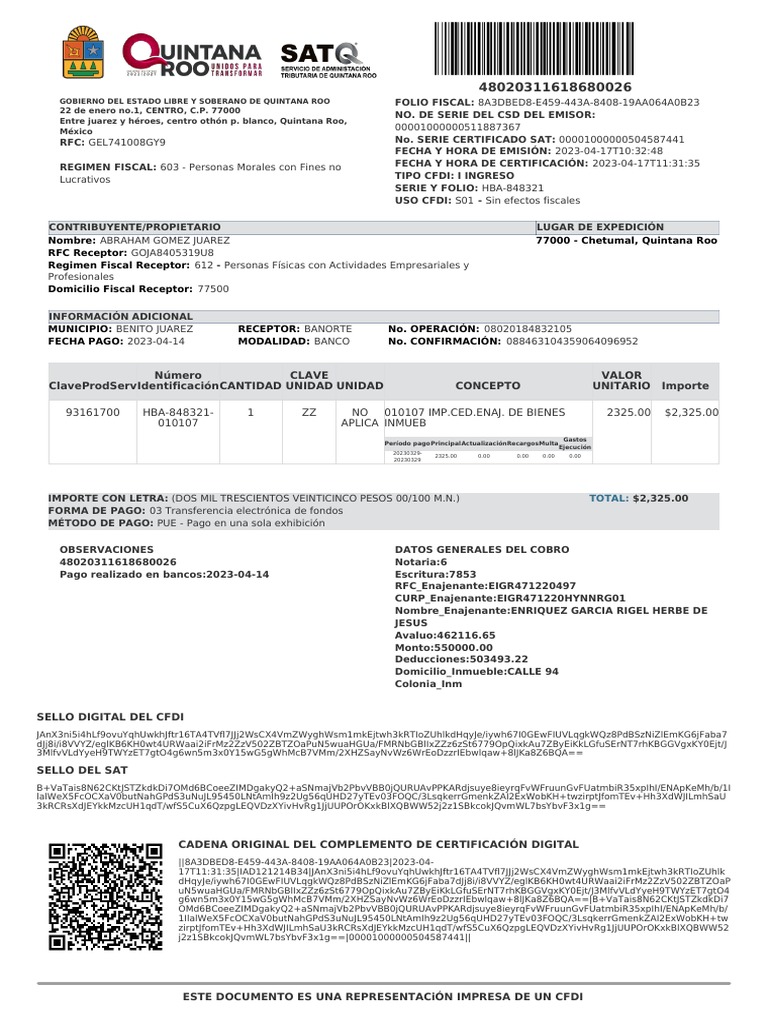 Nombre: 77000 - Chetumal, Quintana Roo RFC Receptor: Regimen Fiscal ...