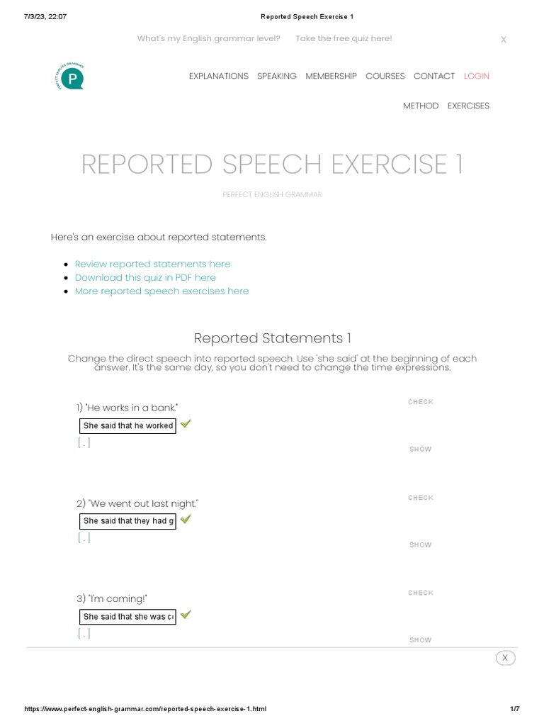 Reported Speech Exercise 1 | PDF | Linguistics