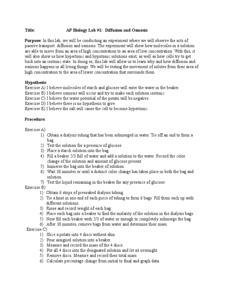 AP Biology Lab 1: Diffusion & Osmosis | PDF | Osmosis | Molar Concentration