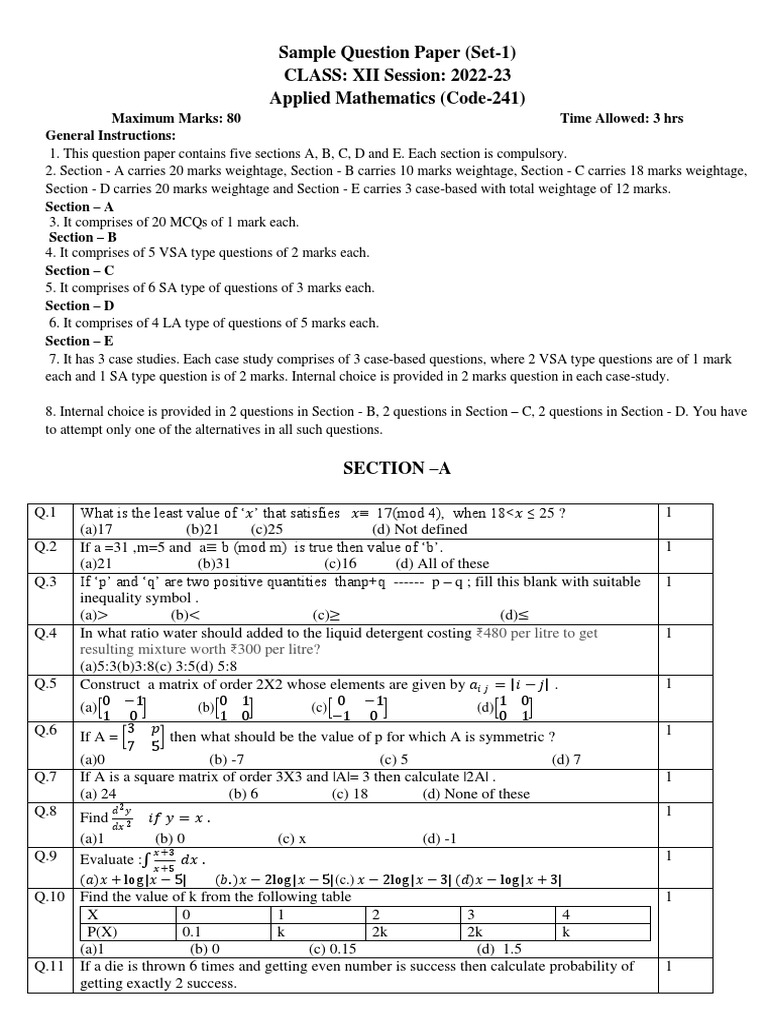 Class 12 Applied Mathematics Exam Paper | PDF | Errors And Residuals | Mean