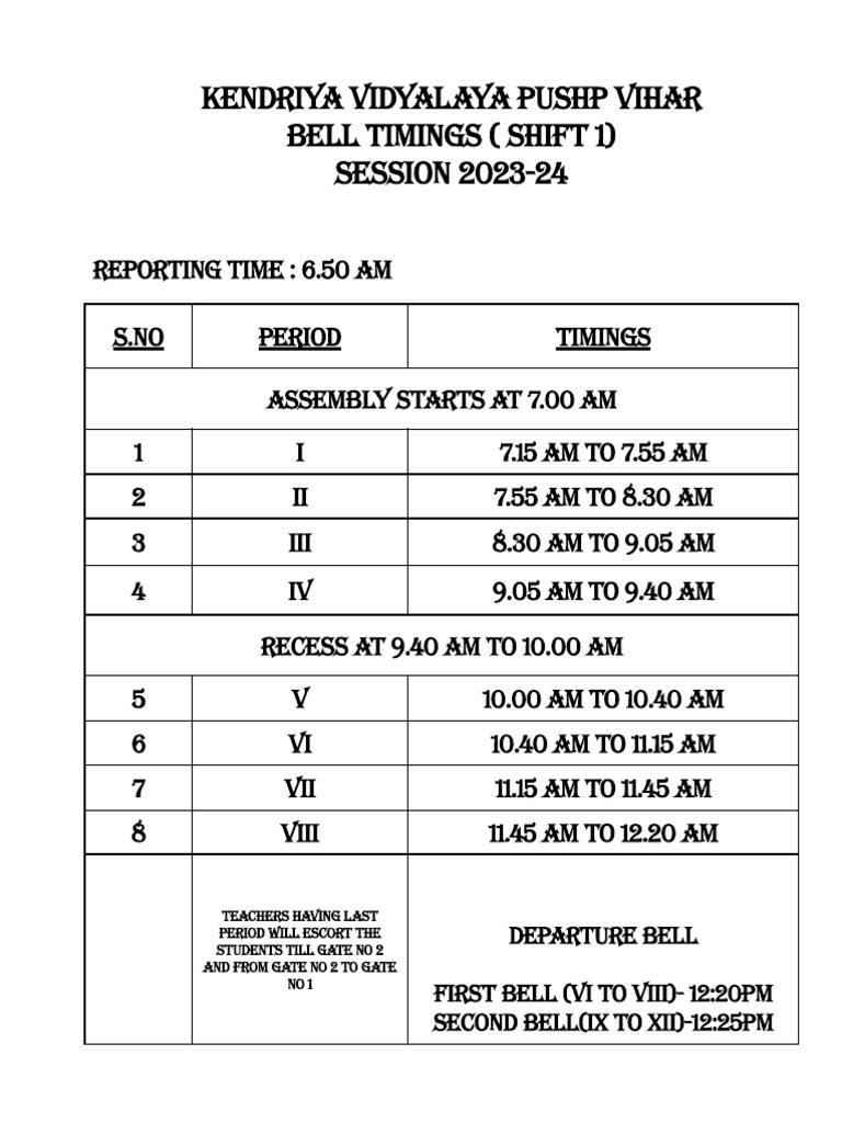 Kendriya Vidyalaya Pushp Vihar Bell Timings (Shift 1) SESSION 2023-24 | PDF