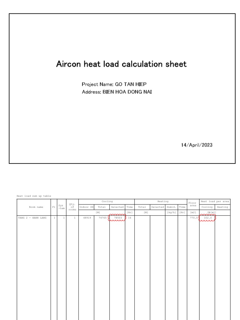 Aircon Heat Load Calculation Sheet: Project Name: GO TAN HIEP Address: Bien Hoa Dong Nai | PDF ...