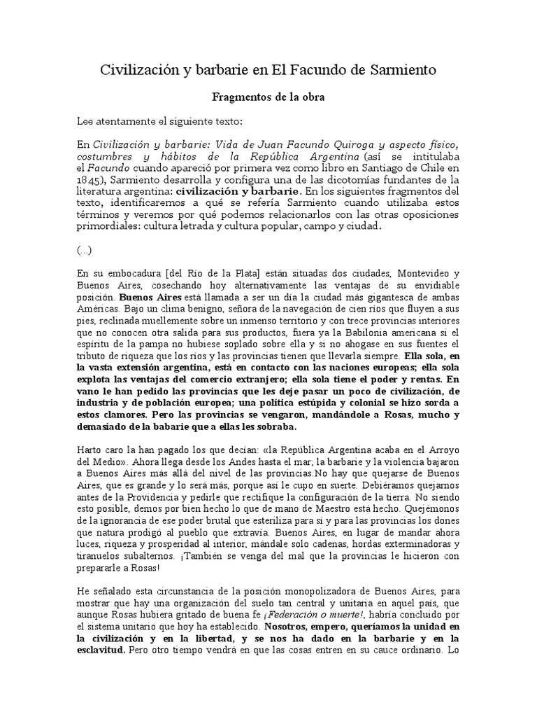 Civilización y Barbarie en El Facundo de Sarmiento Fragmentos | PDF