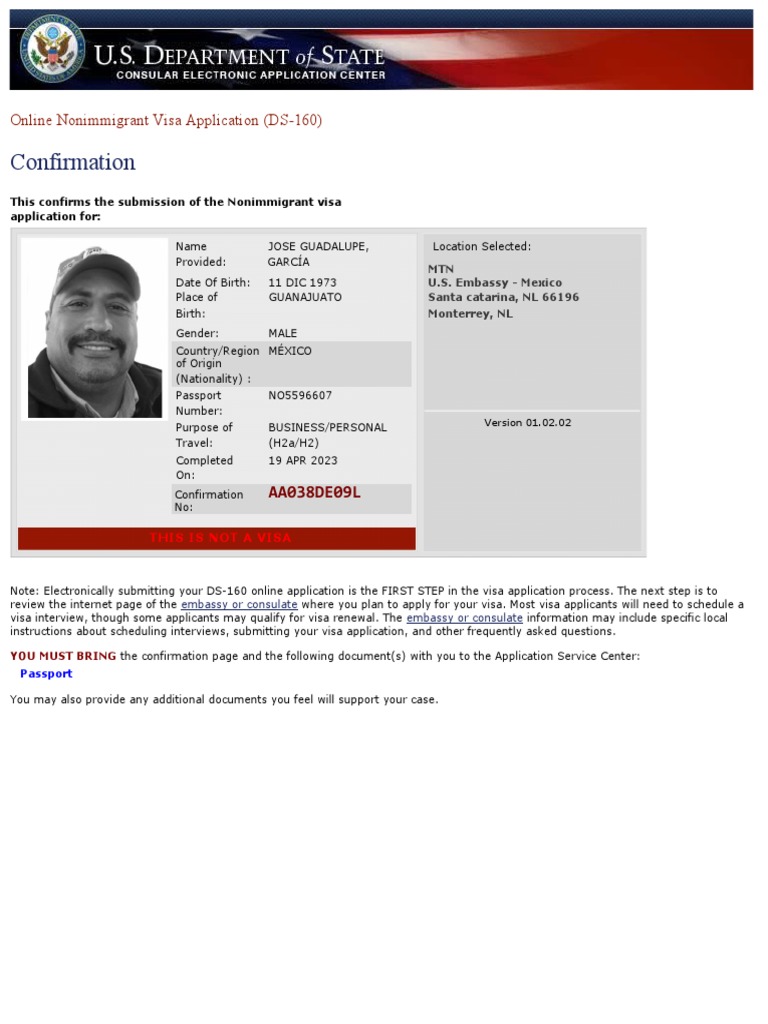 Confirmation: Online Nonimmigrant Visa Application (DS-160) | PDF ...