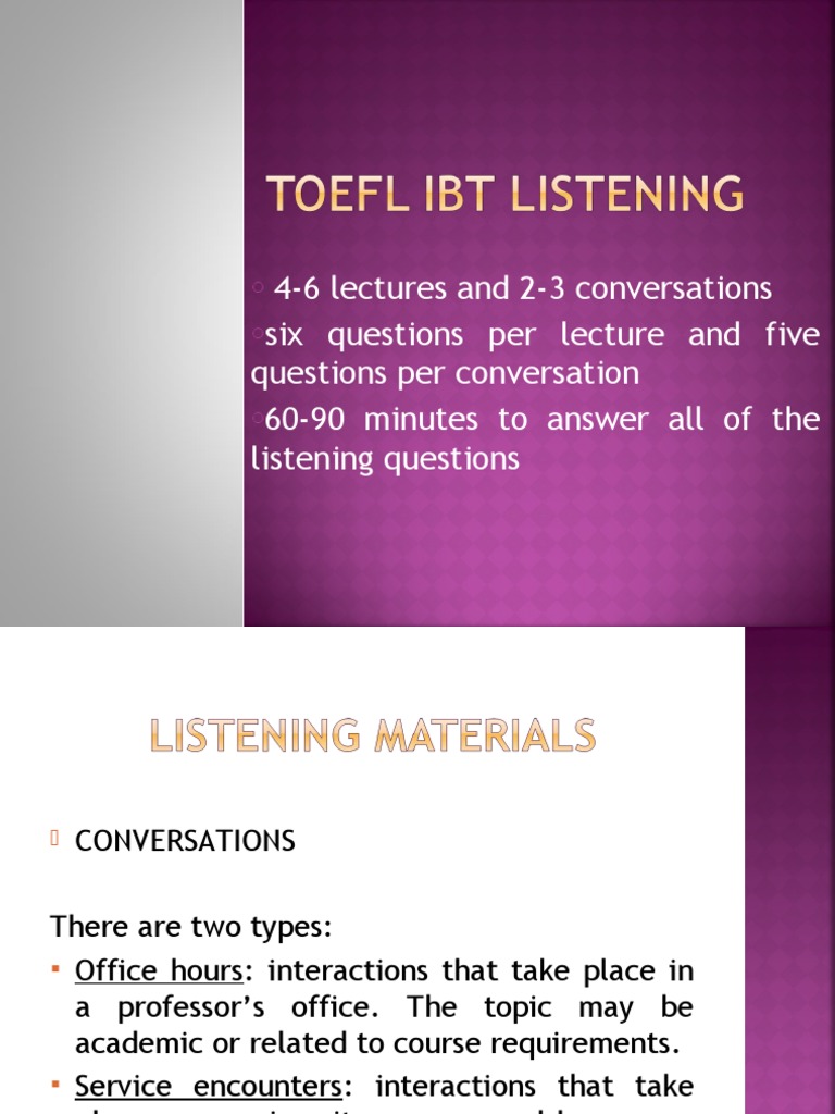 TOEFL IBT Listening Question Types-All | PDF | Conversation | Reading ...