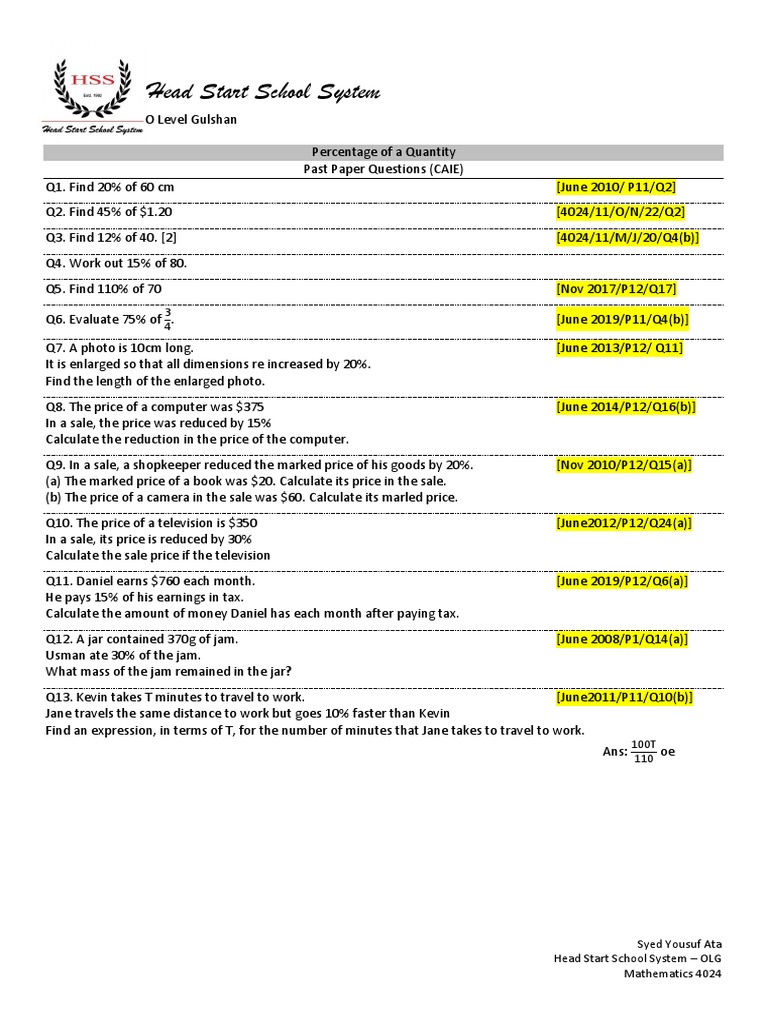 Percentage of A Quantity | PDF