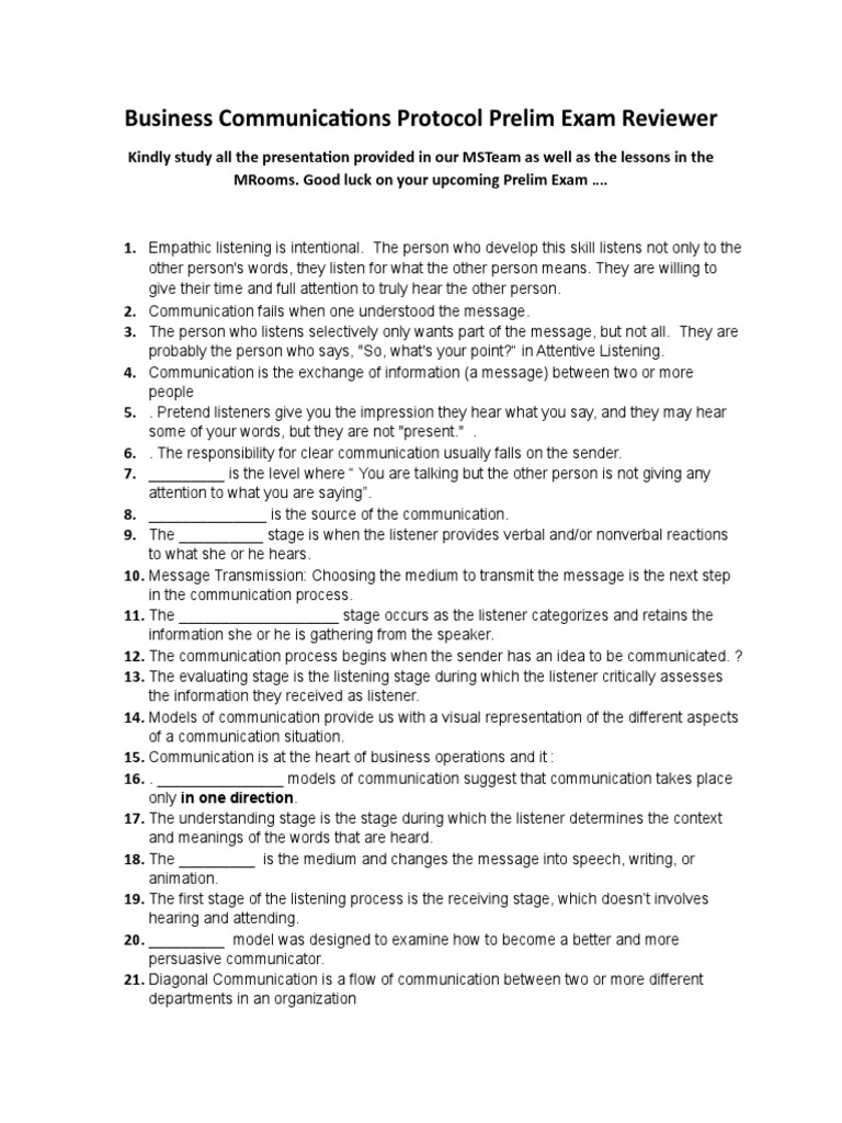 Business Com Prelim Exam Reviewer | PDF | Communication | Psychology