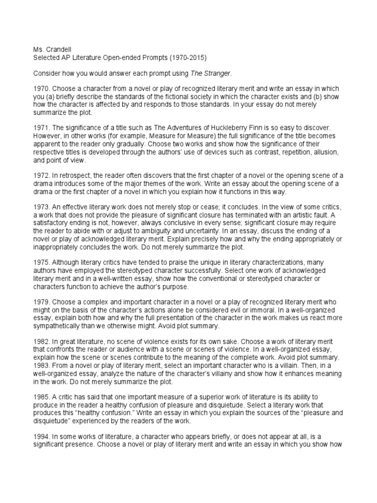 AP Eng Lit List of AP Prompts That Pertain To The Stranger | PDF ...