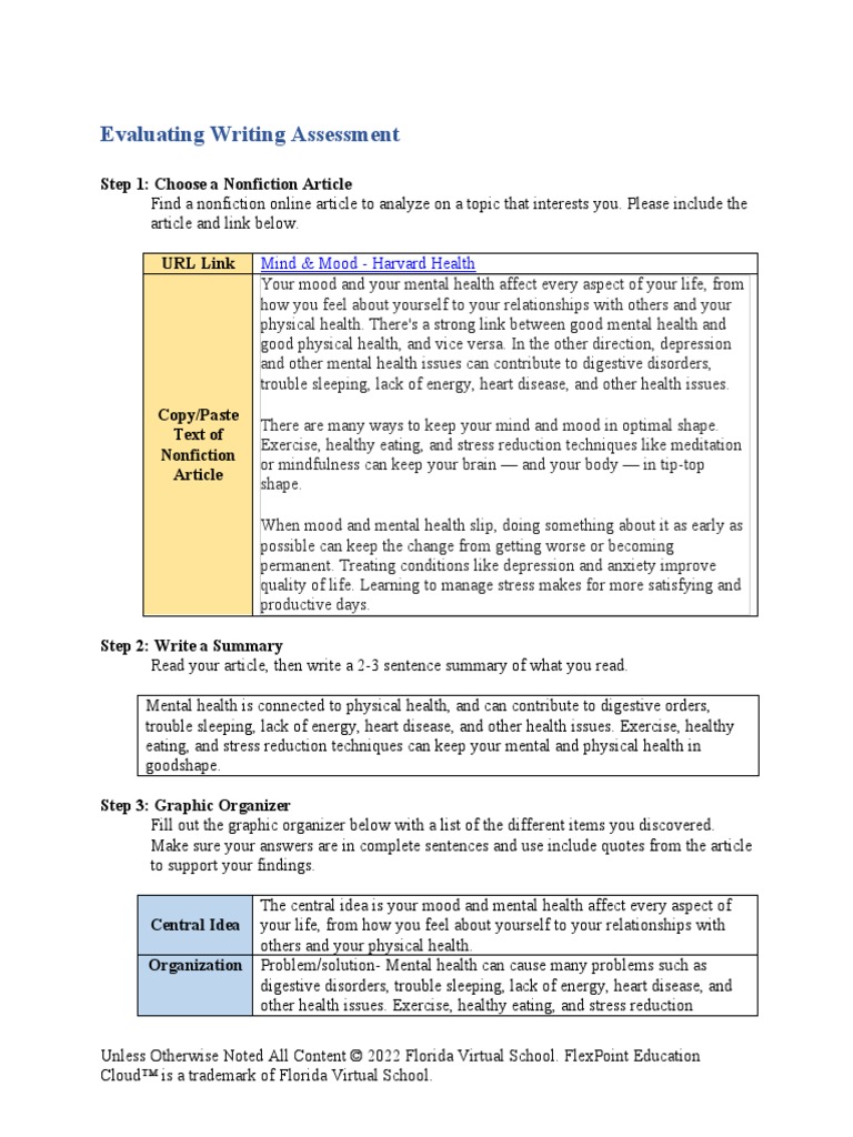 Evaluating Writing Assessment: Step 1: Choose A Nonfiction Article | PDF