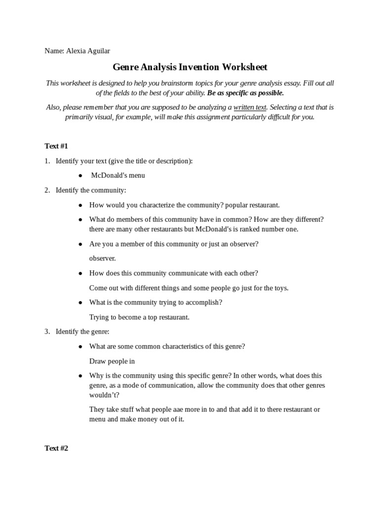 Genre Analysis Invention Worksheet | PDF | Genre | Communication