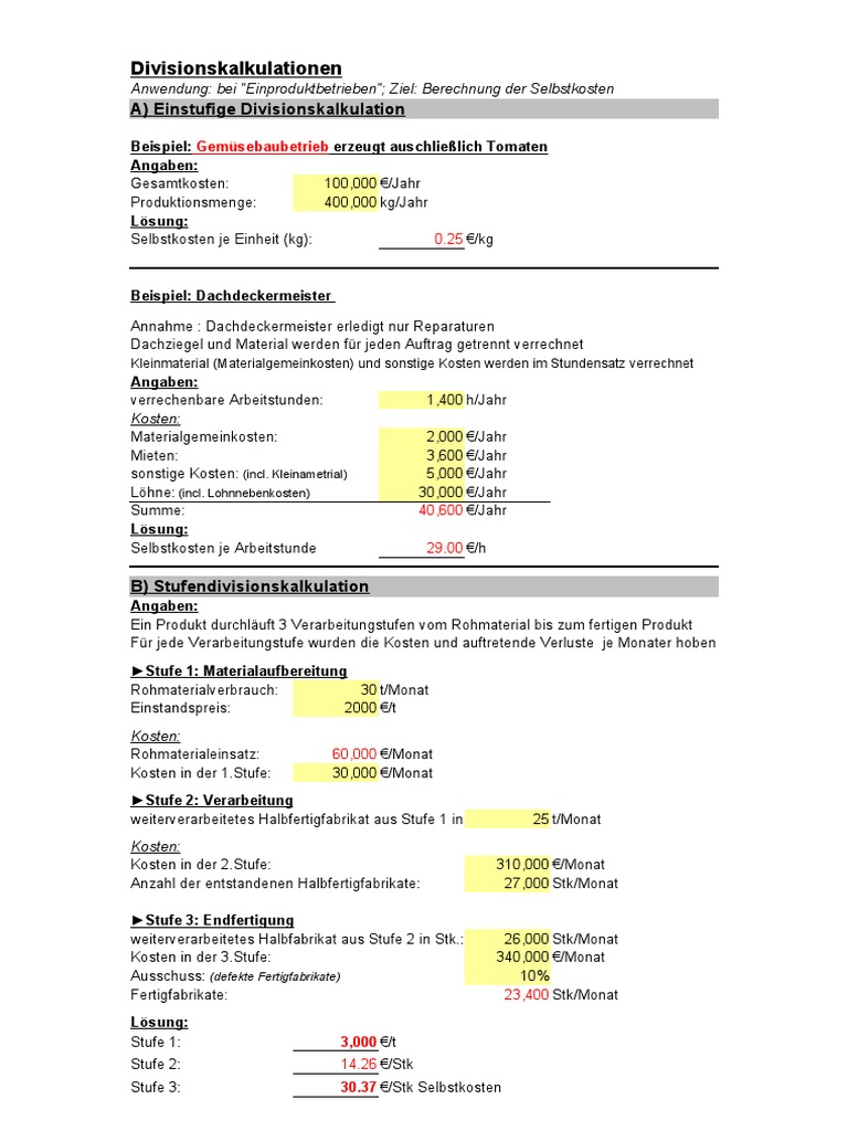 Divisionskalkulationen: A) Einstufige Divisionskalkulation | PDF