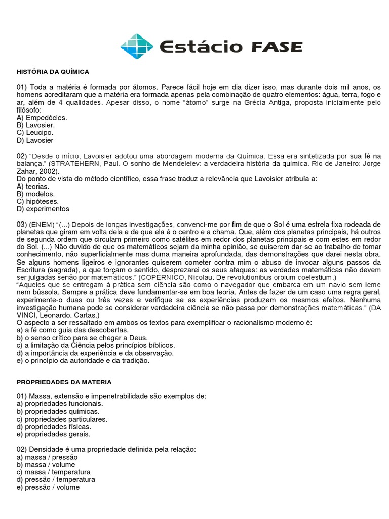 1 Lista de Exercicios Química | PDF | Núcleo atómico | Átomos