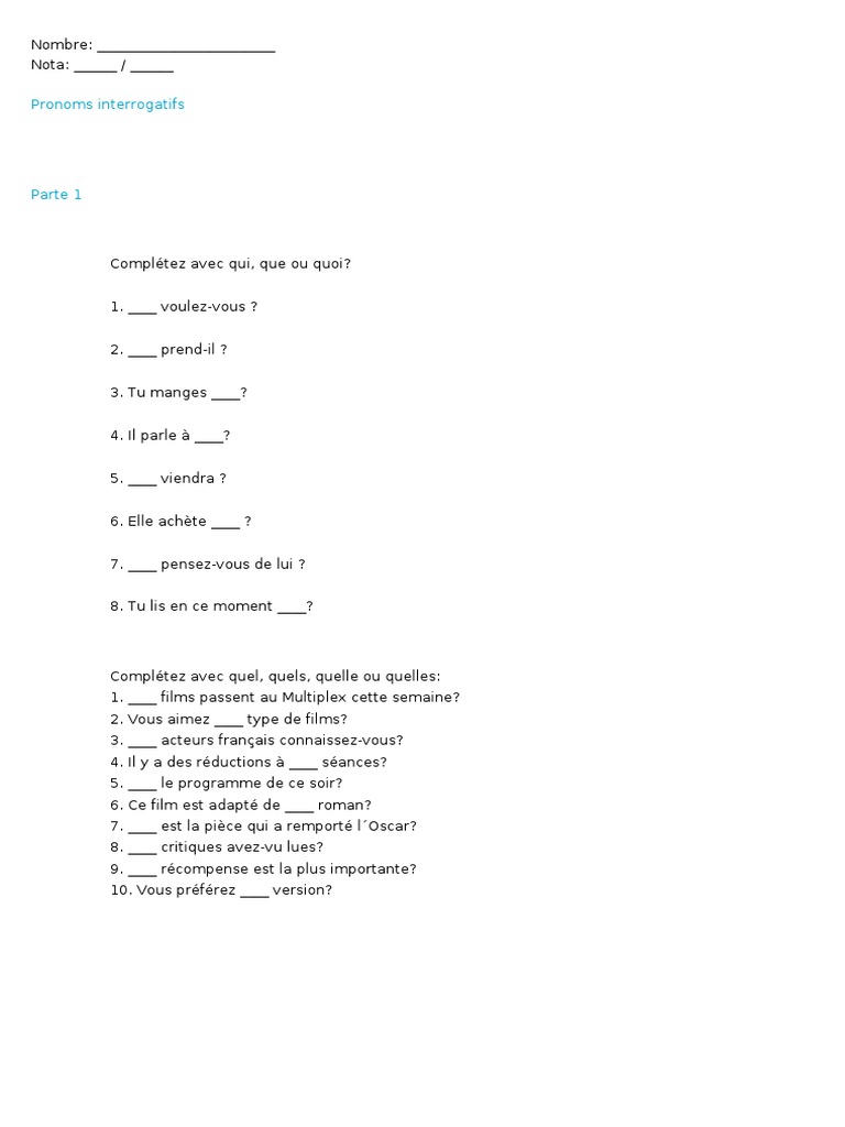Pronoms Interrogatifs | PDF | Arts du langage et discipline | Études ...