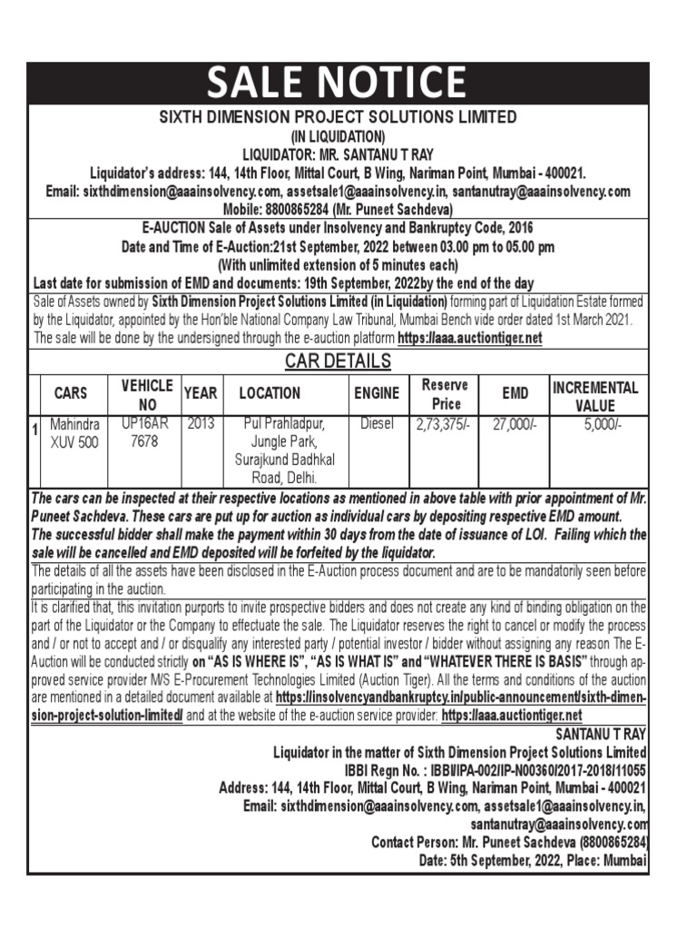 11th Sale Notice | PDF | Auction | Private Law