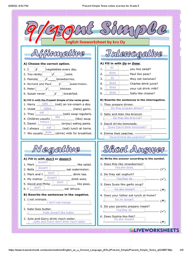 Present Simple Tense Online Exercise For Grade 5 | PDF