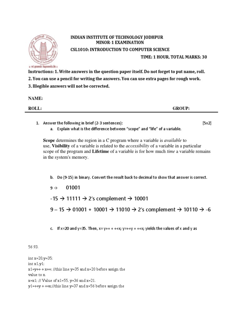 Minor1 Sol | PDF | Integer (Computer Science) | Function (Mathematics)