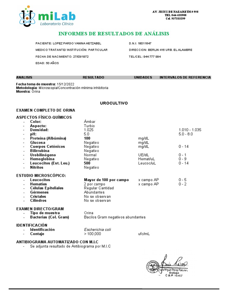 Informes de Resultados de Análisis: Urocultivo | PDF | Especialidades ...