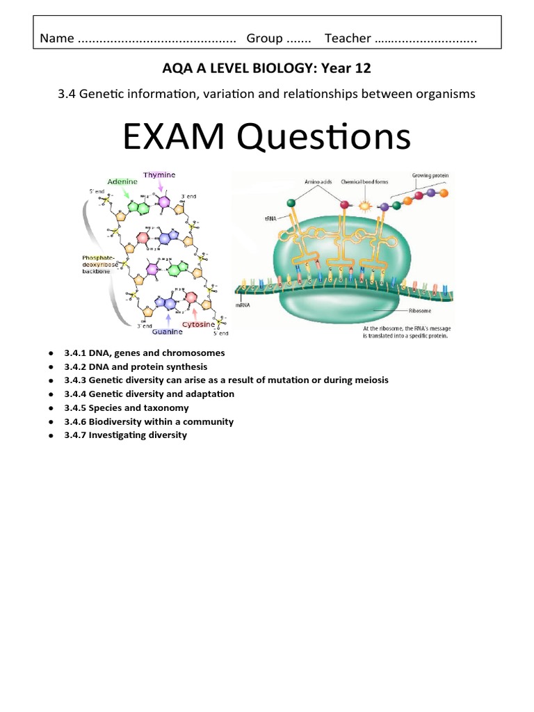 EXAM Questions: Aqa A Level Biology: Year 12 | PDF
