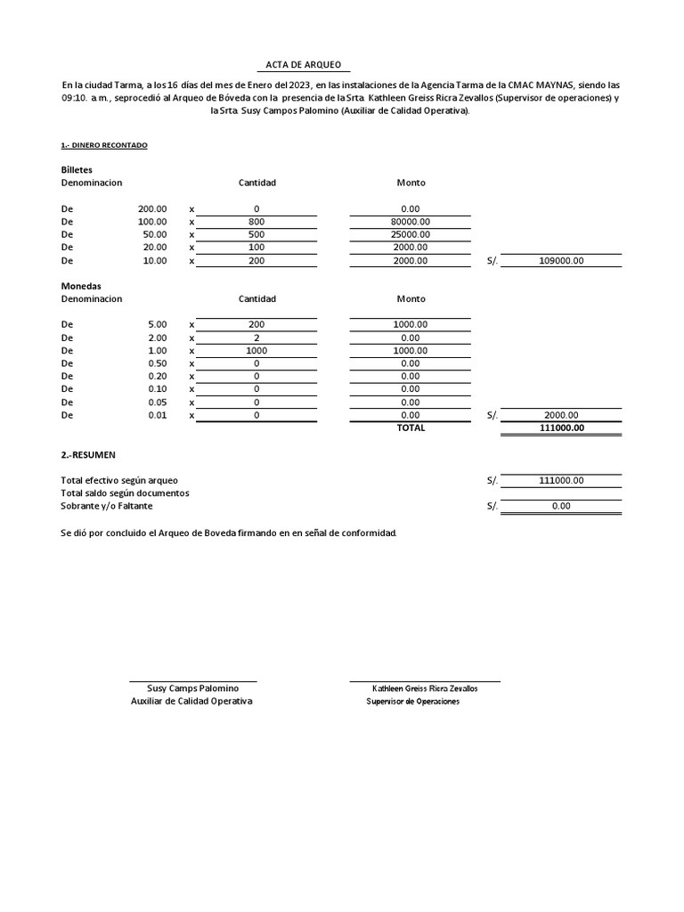 Acta de Arqueo de Bóveda en Tarma | PDF