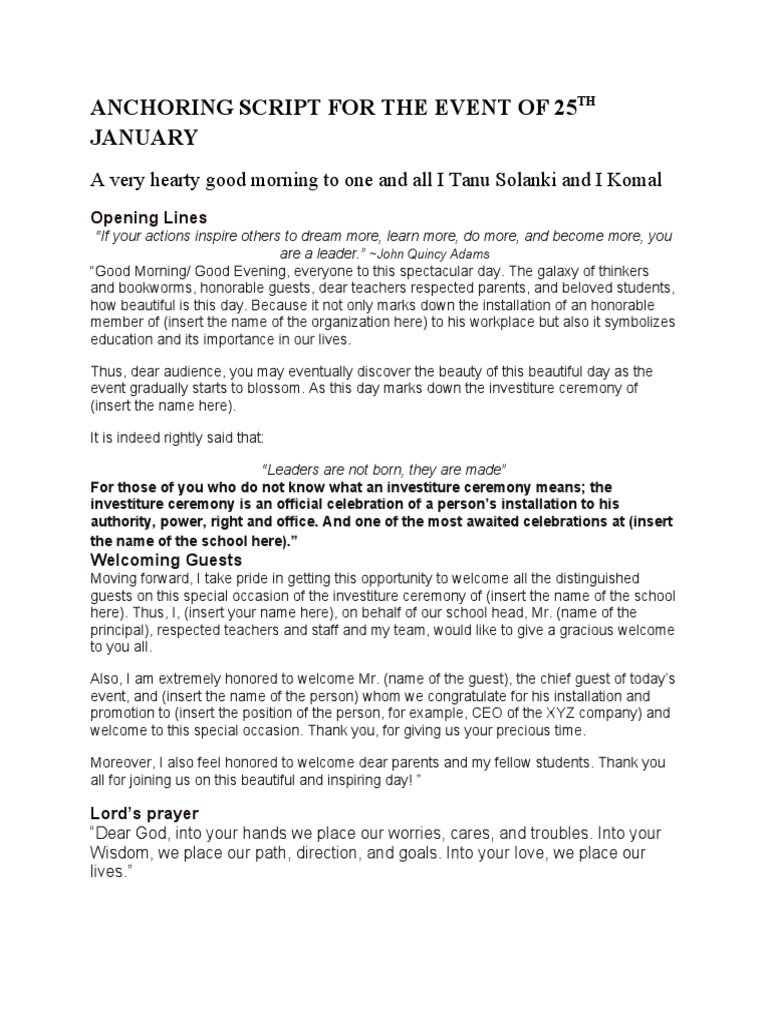 Anchoring Script For The Event of 25TH January | PDF | Language Arts ...