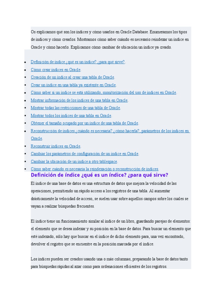 Indices en Oracle | PDF | SQL | Tecnologías de la información