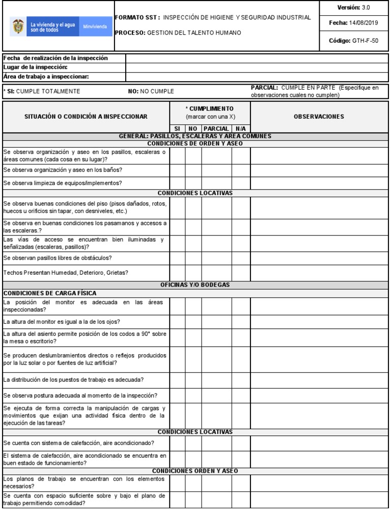 GTH-F-50 FORMATO SST-INSPECCIÓN DE HIGIENE Y SEGURIDAD INDUSTRIAL 3.0 | PDF | Higiene | Agua