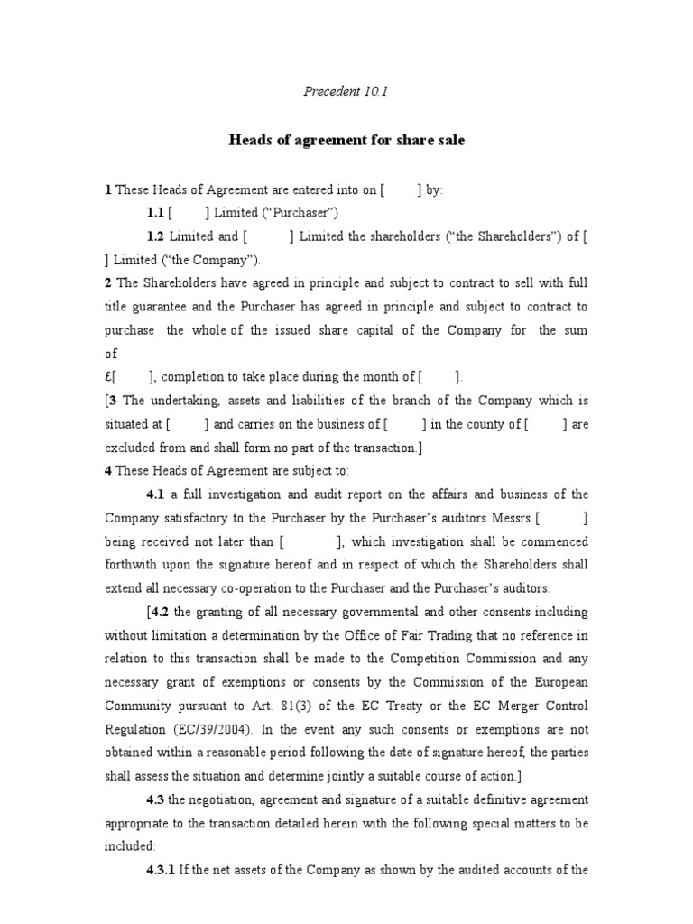 (Heads of Agreement for Share Sale) Precedent 10.1 | Mergers And ...