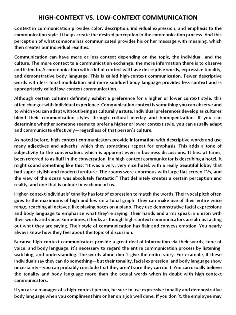 High-Context vs. Low-Context Communication | Download Free PDF | Body ...