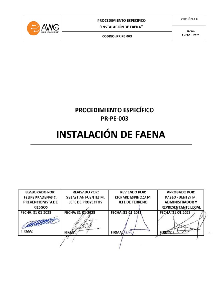 Procedimiento Especifico - Instalación de Faena | PDF | Seguridad y salud ocupacional | Agua