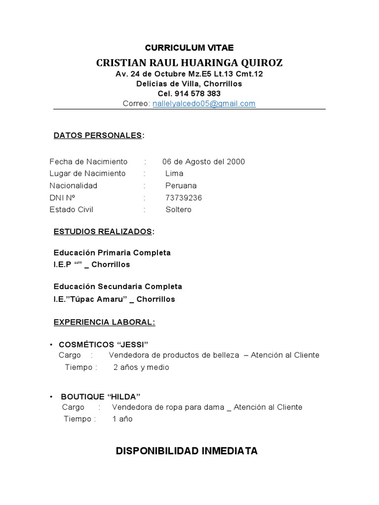 Cristian Raul Huaringa Quiroz: Curriculum Vitae | PDF | Ciencias sociales