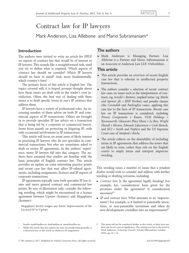 Contract Law For IP Lawyers: Mark Anderson, Lisa Allebone and Mario ...