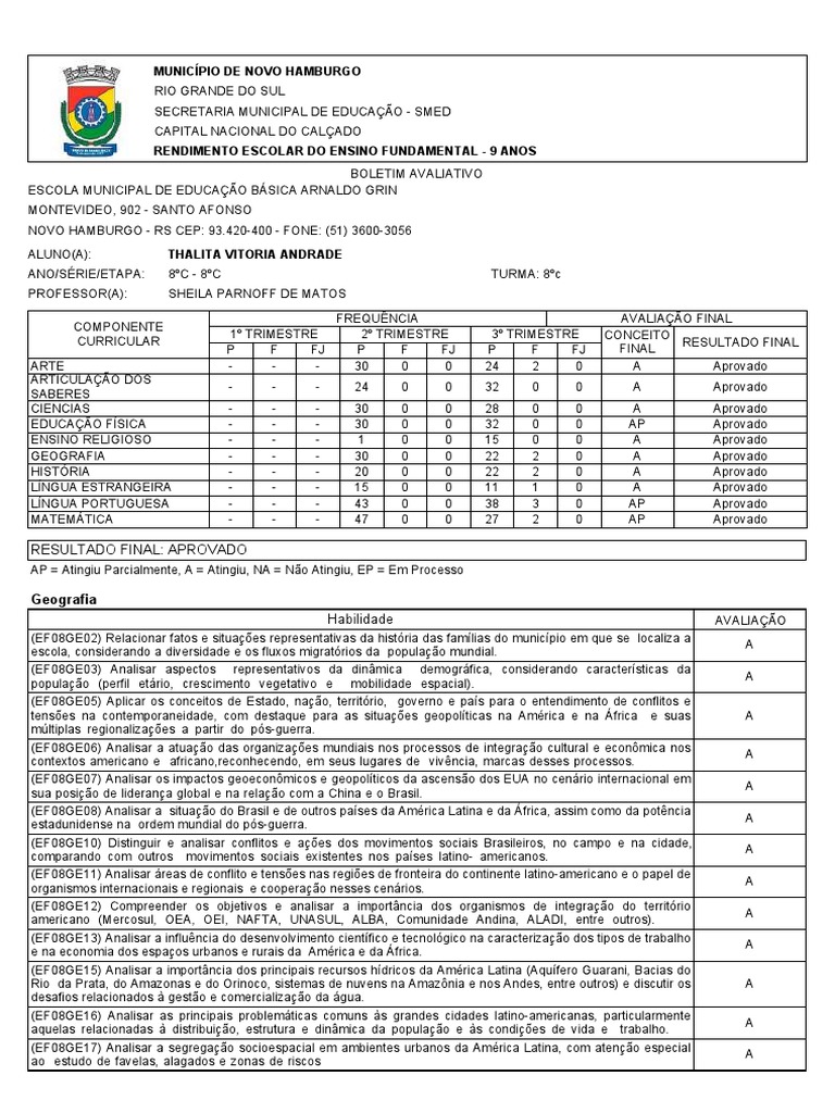 Boletim Avaliativo 8º Ano Novo Hamburgo | PDF | América Latina | Brasil