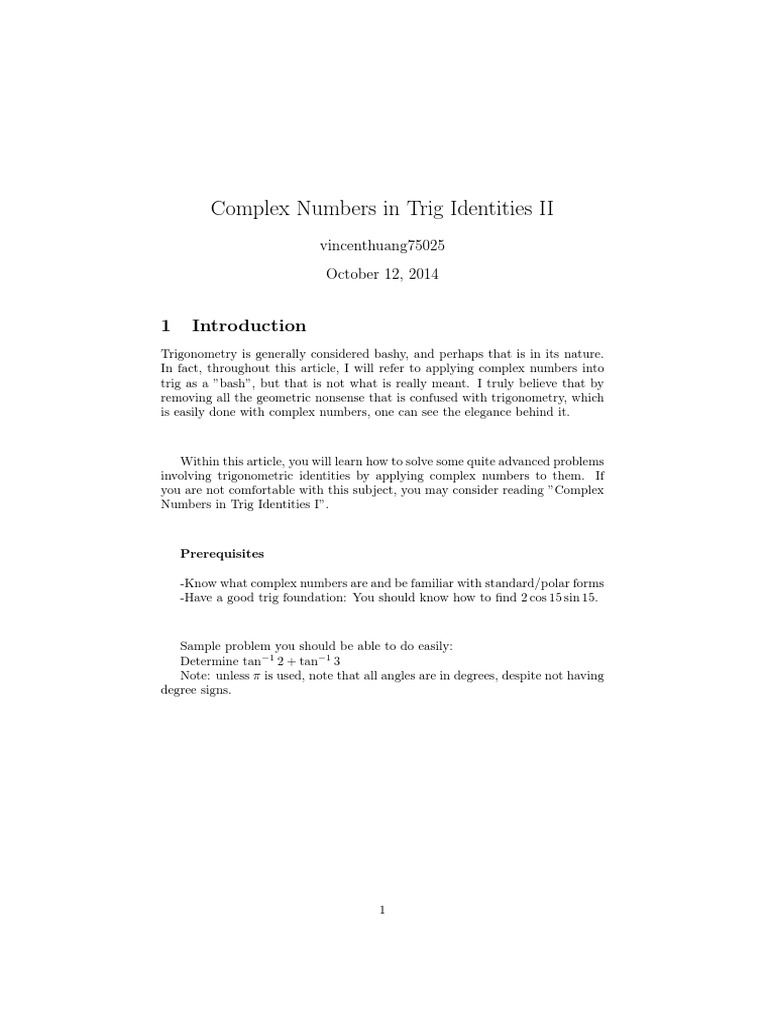 Complex Numbers in Trig Identities II: Vincenthuang75025 October 12 ...