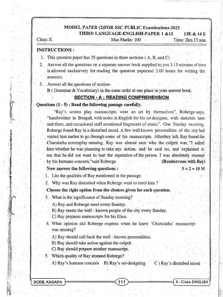 ENGLISH Model Papers Kadapa | PDF