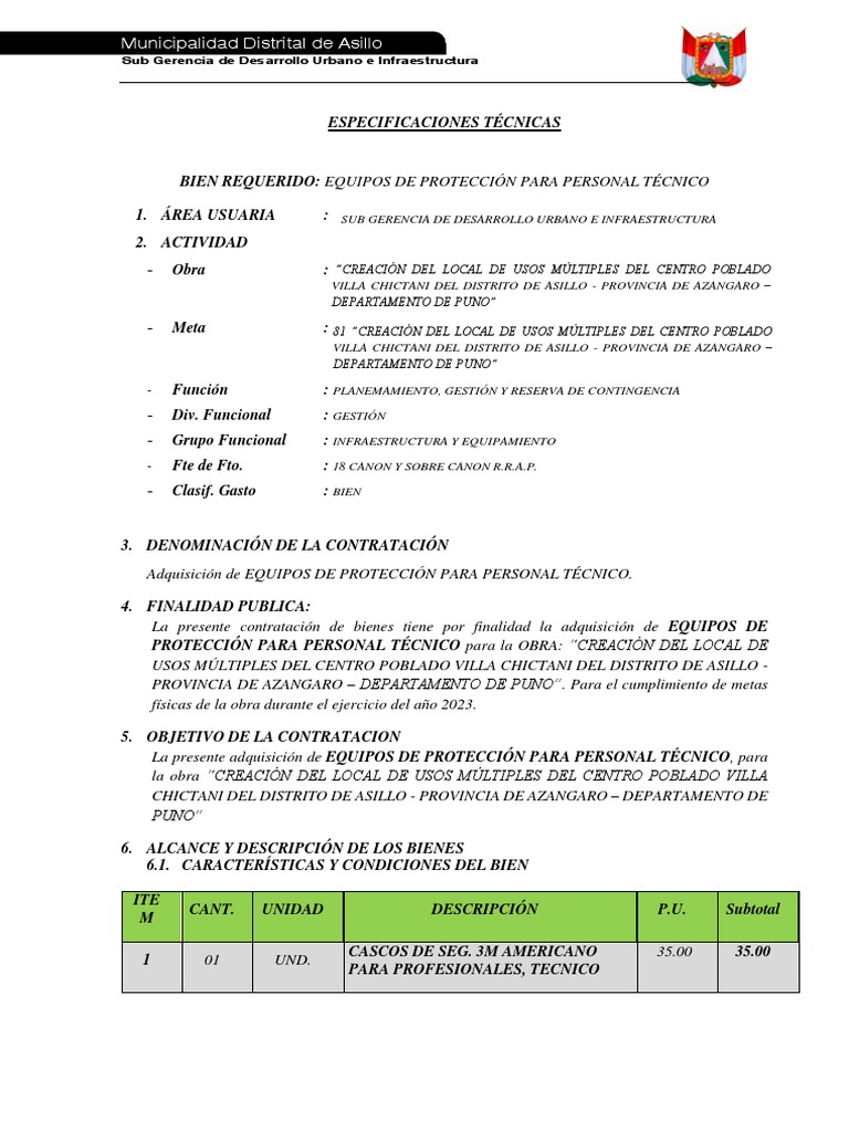 SUPER ESPECIFICACIONES TÉCNICAS EPP Técnico | PDF