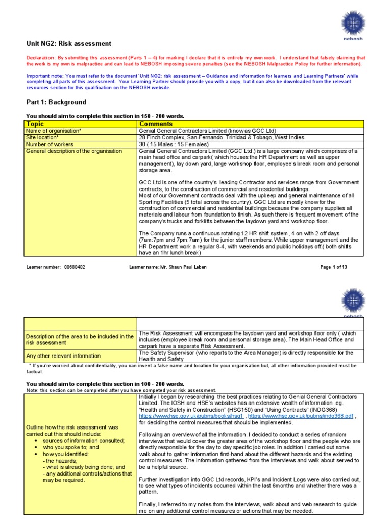 Unit NG2: Risk Assessment | PDF