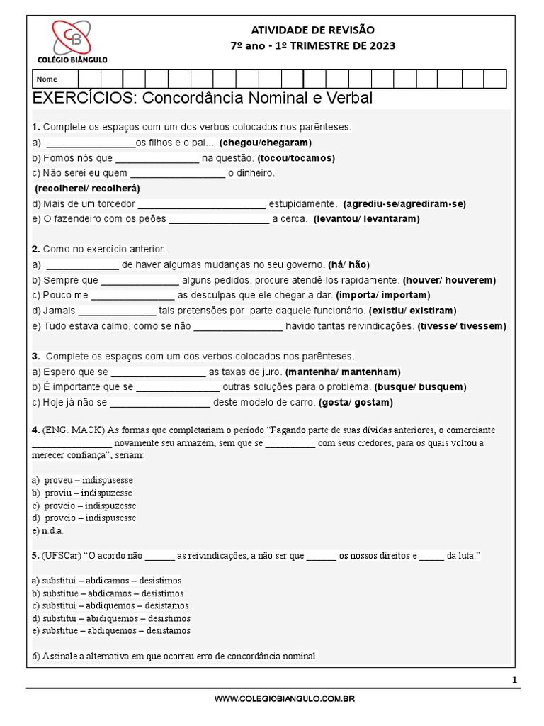 Concordância - 7º ANO - ATIVIDADE de Revisão | PDF